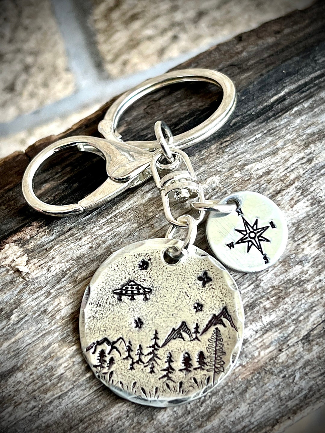 UFO Solid Pewter Keychain, Mountains Trees Stars and UFO Backpack Purse ...