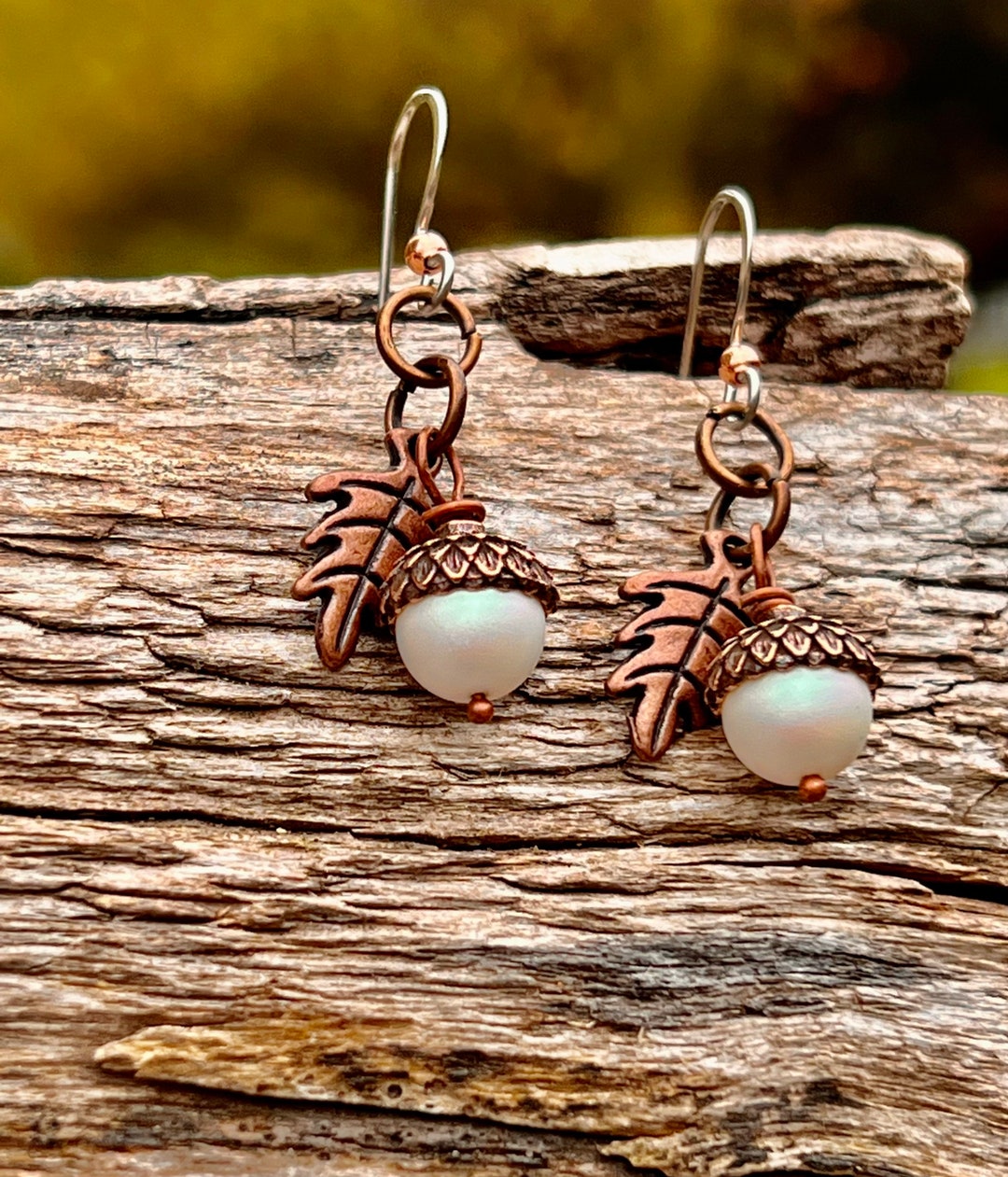 Austrian Crystal Pearl Copper Acorn Earrings, Acorn Lovers Gift, Oak ...
