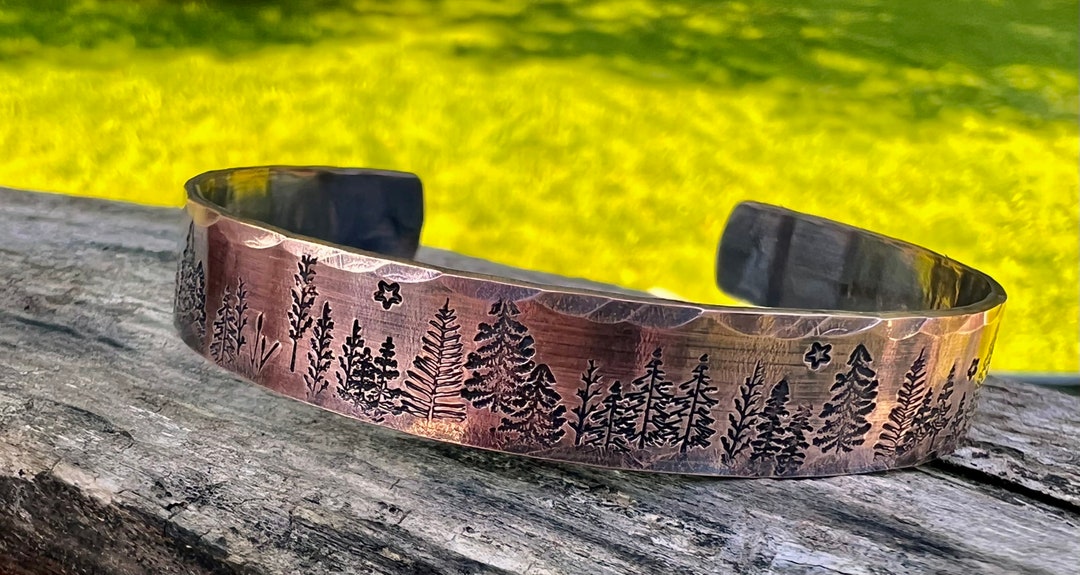 Evergreen Cuff Bracelet, Trees and Stars Hand-stamped Copper Cuff ...