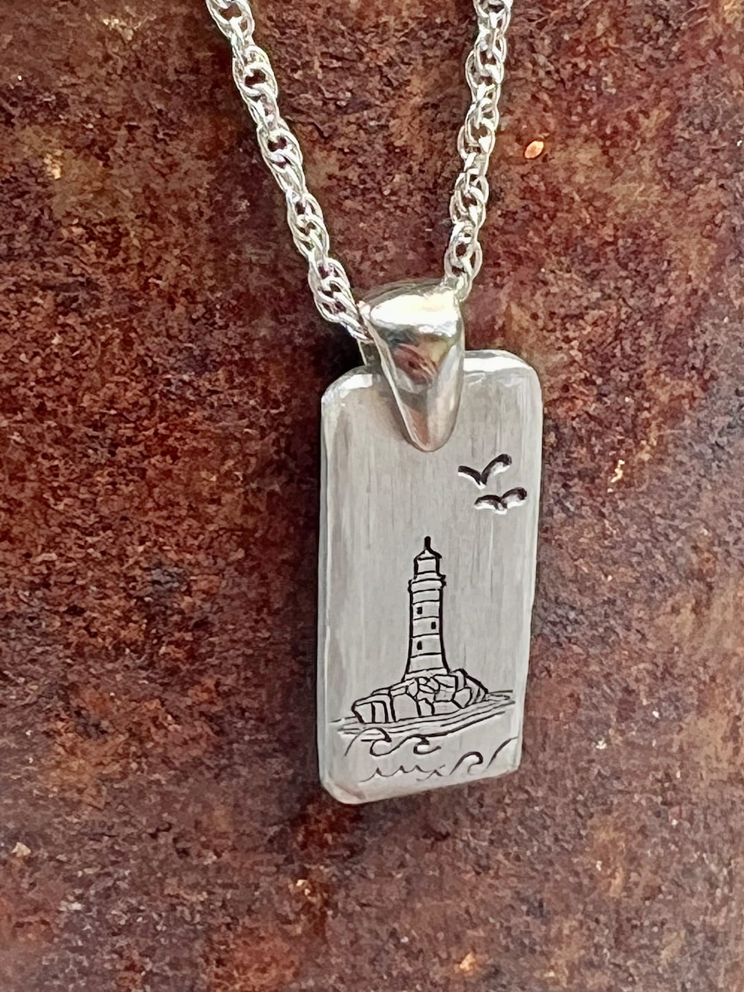 Lighthouse on Rocks With Gulls Pendant Necklace, Hand-stamped ...