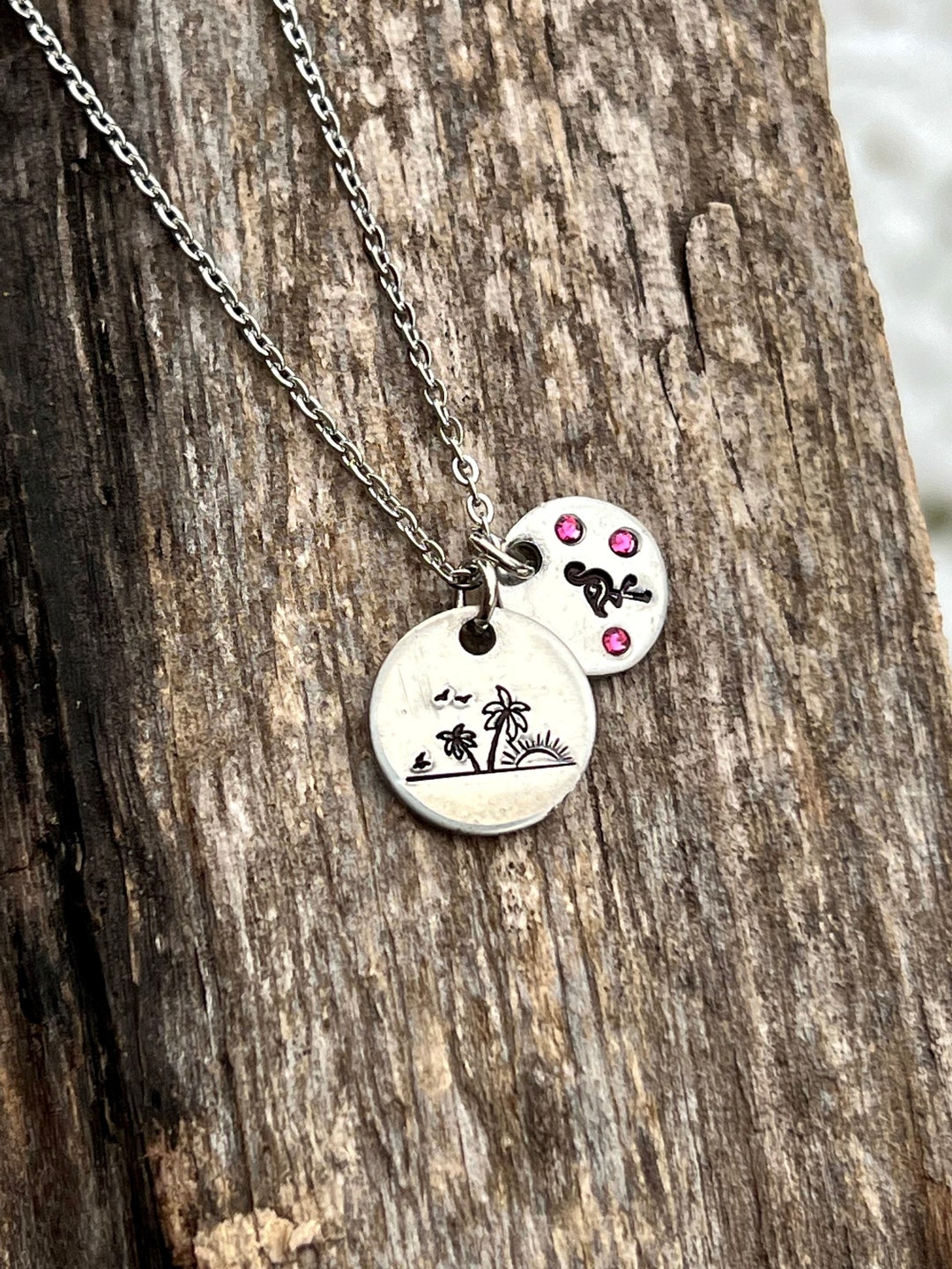 Flamingos and Palm Trees Charm Necklace, Austrian Crystal and Pewter ...