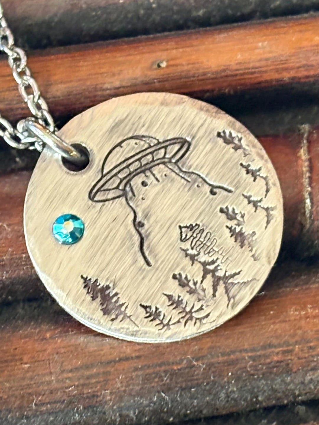 UFO It’s Out There Under a Blue Moon Pewter Handstamped Pendat - Etsy