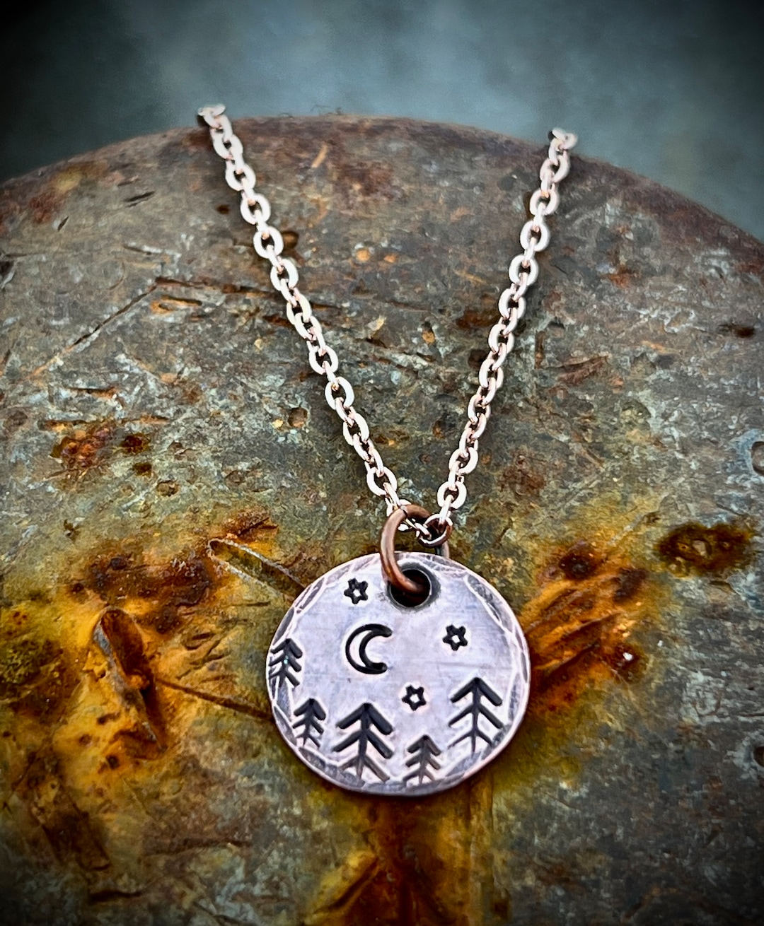 Stick Figure Evergreen Stars and Moon Copper Charm Pendant, Dainty ...