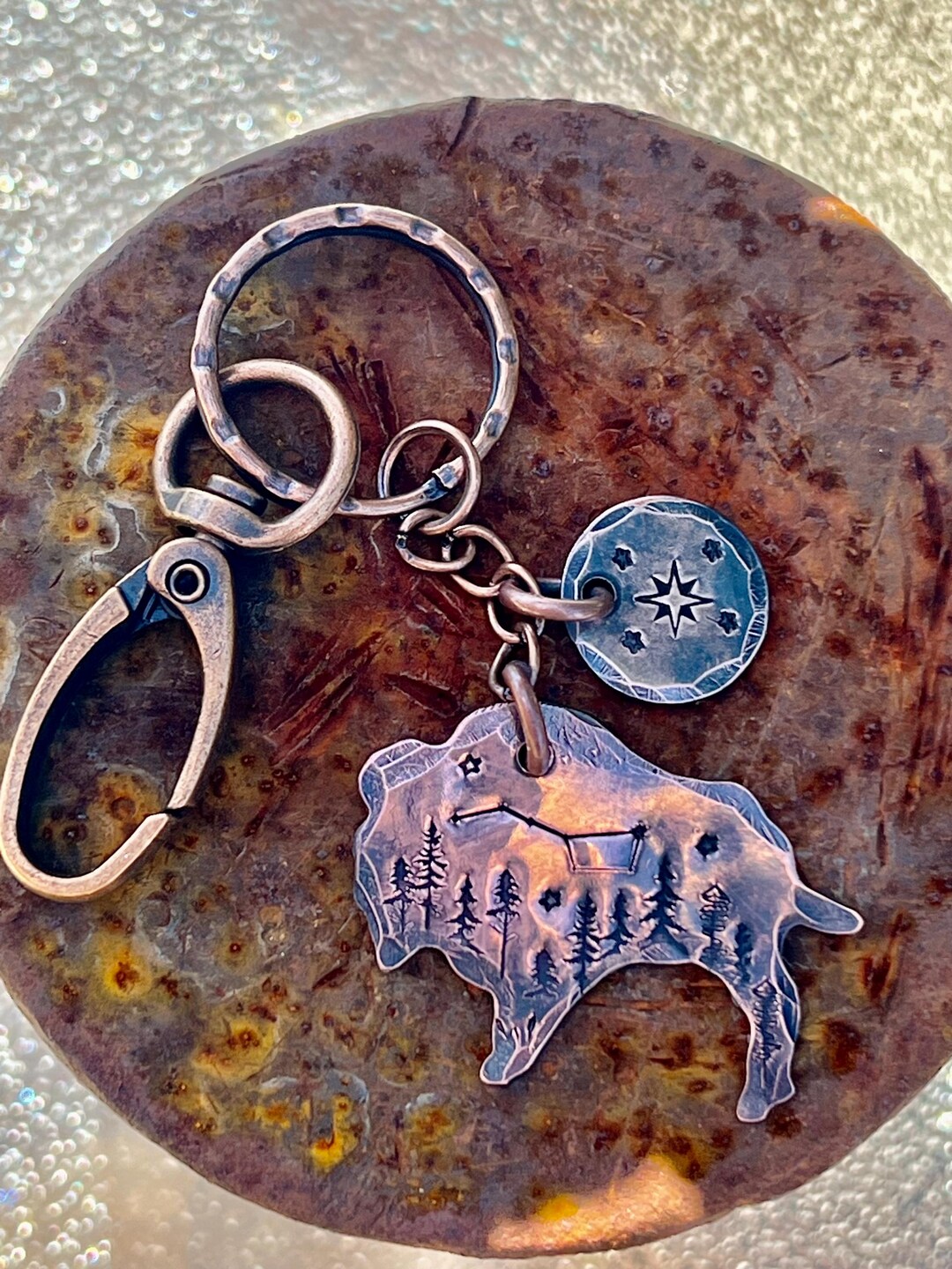 Bison Hand-stamped Copper Keychain, Buffalo and North Star Backpack or ...