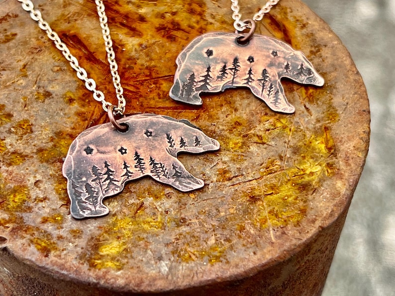 Copper Bear Pendant Necklace, Stamped Evergreen Trees and Stars - Etsy