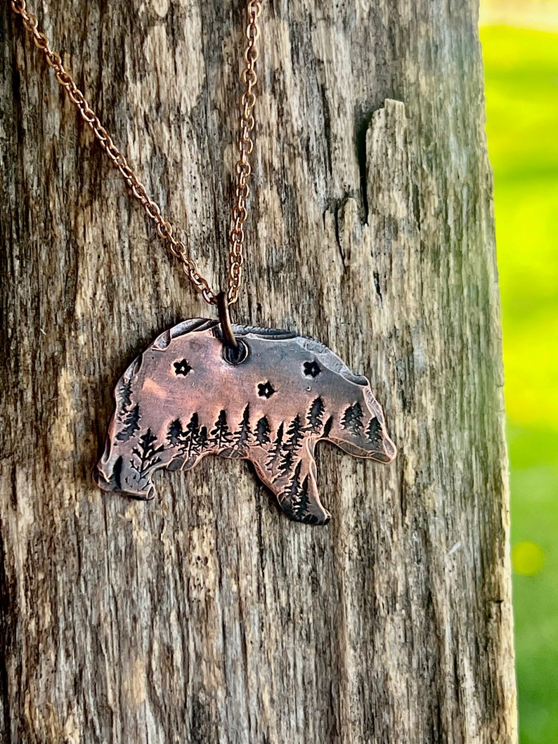 Copper Bear Pendant Necklace, Stamped Evergreen Trees and Stars - Etsy