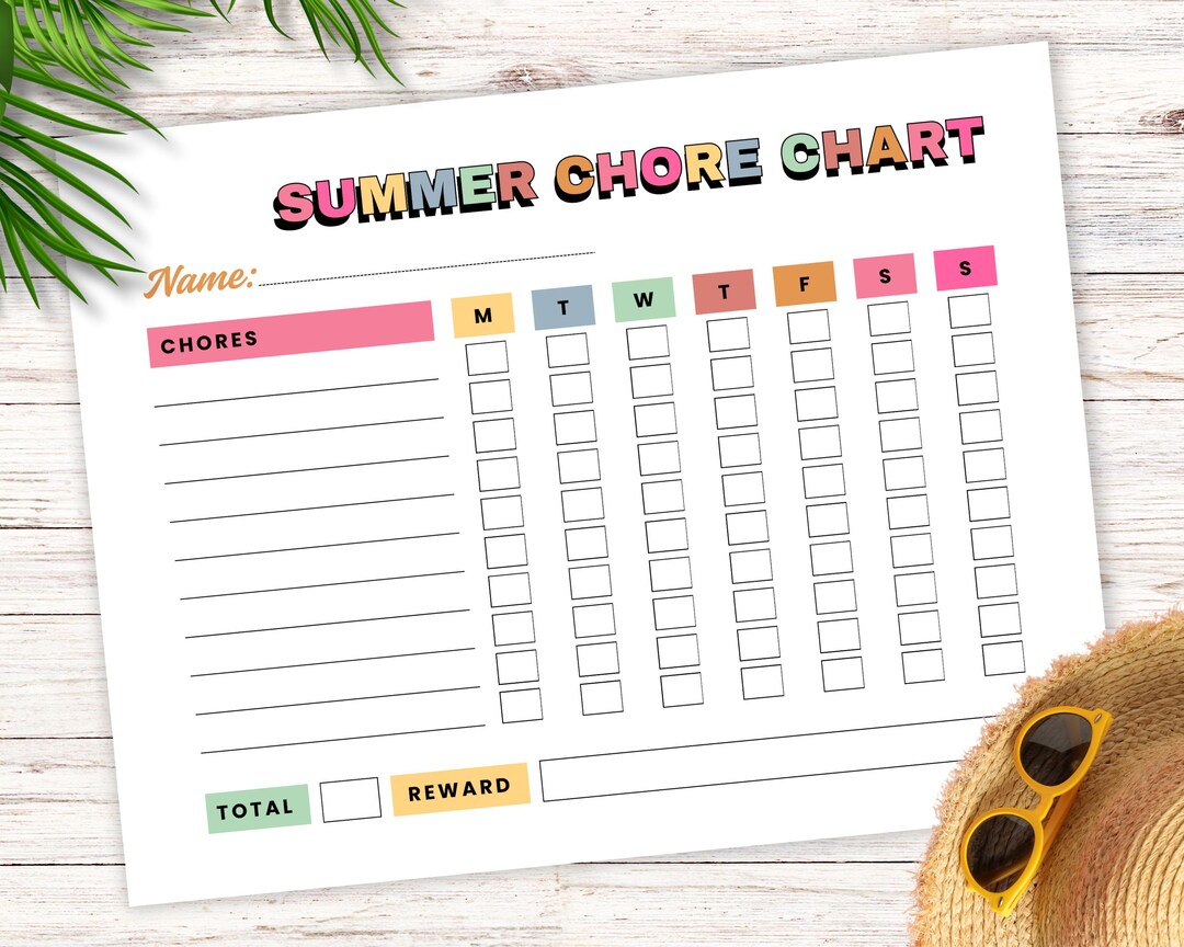 Summer Chore Chart Kids, Printable Chore Chart for Kids, Summer Reward ...