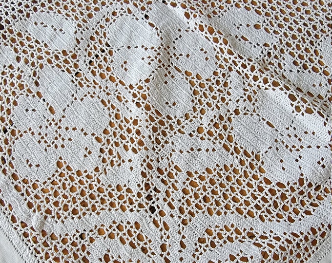 Antique Victorian Tea Cloth Tablecloth LACIS Hand Darned Net Lace Filet ...