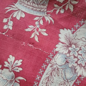 Antique French Linen Fabric Floral 3.6 Yards Blue Red Floral Print ...