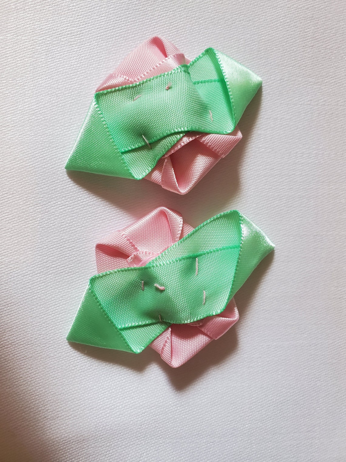 Set of 2 Satin Ribbon Rosette Flower Ribbonwork Pink Light - Etsy