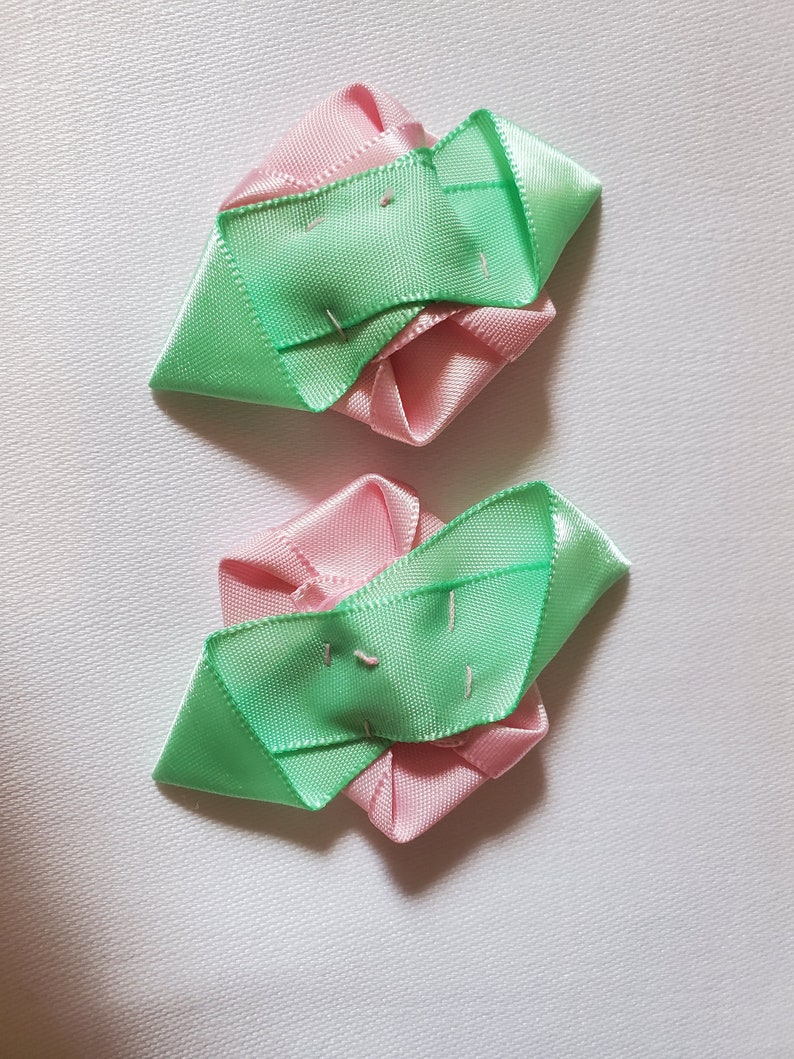 Set of 2 Satin Ribbon Rosette Flower Ribbonwork Pink Light | Etsy