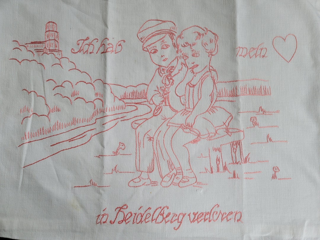 Antique GERMAN Redwork Red Handwork Linen Pillow Cover I Lost My Heart ...