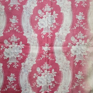Antique French Linen Fabric Floral 3.6 Yards Blue Red Floral Print ...