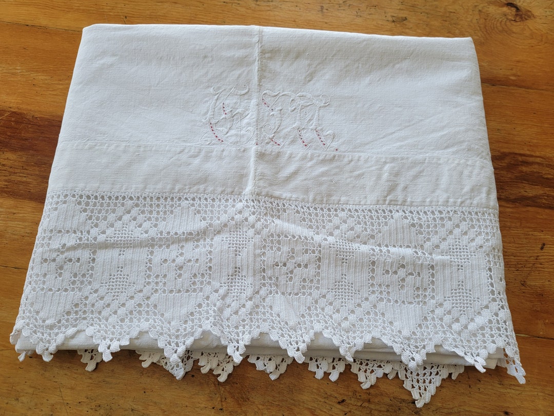 Antique Homespun Linen Center Seam Bed Sheet Blanket Lace Trimmed ...