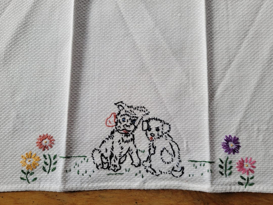 Vintage Embroidered Scotty Dog Huck Hand Towel, Embroidered Scottish ...