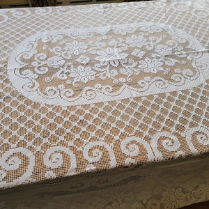 Vintage Italian Hand Knot Filet Net Lace Tablecloth 77x90 Floral Daisy ...