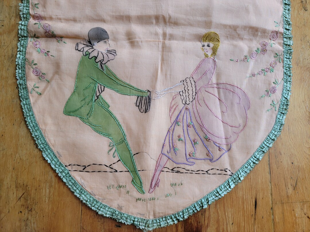 Vintage French Embroidered Runner, 18x47, Gold Lame Ribbon Edging ...