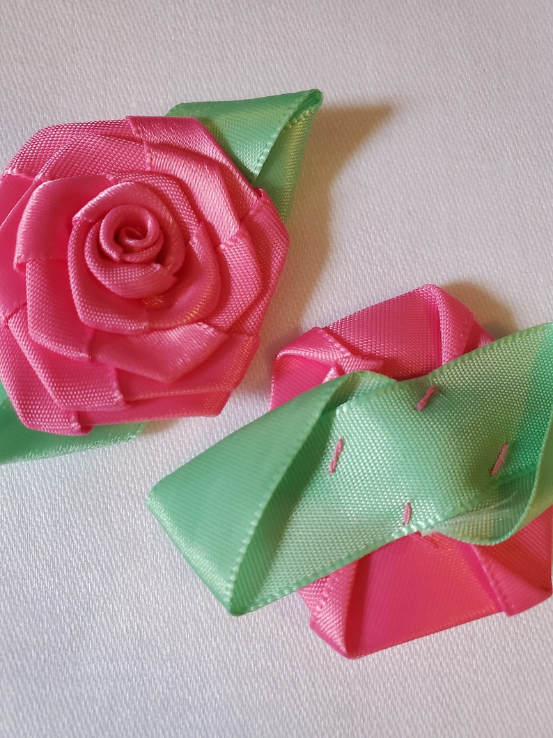 Set of 2 Satin Ribbon Rosette Flower Ribbonwork Pink Light | Etsy