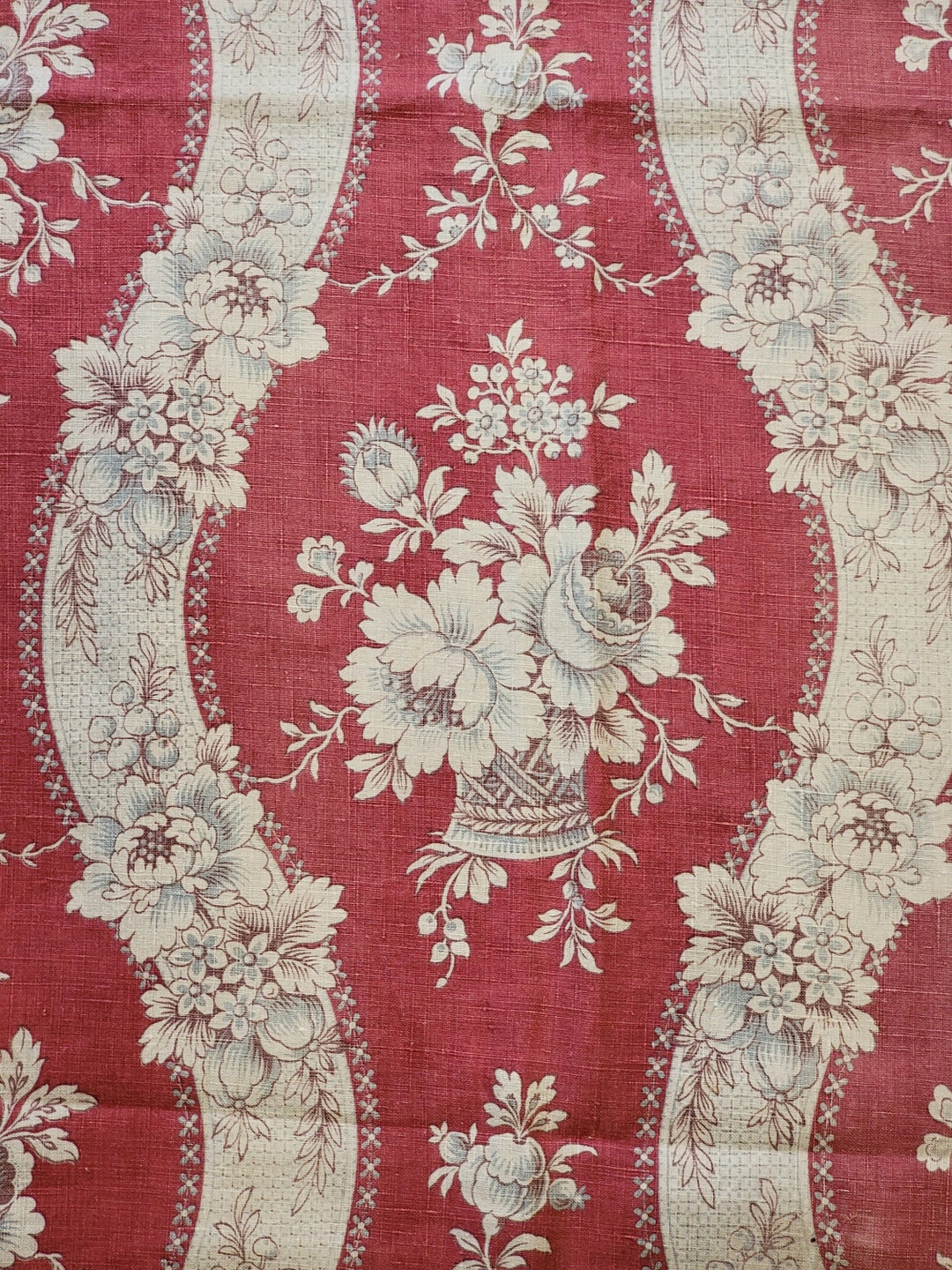 Antique French Linen Fabric Floral 3.6 Yards Blue Red Floral Print ...