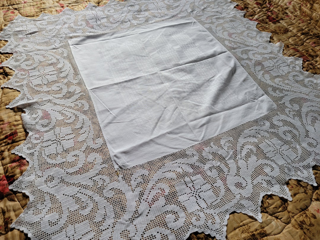 Antique 1915 English Tea Cloth Tablecloth With Hand Filet Crochet Lace ...