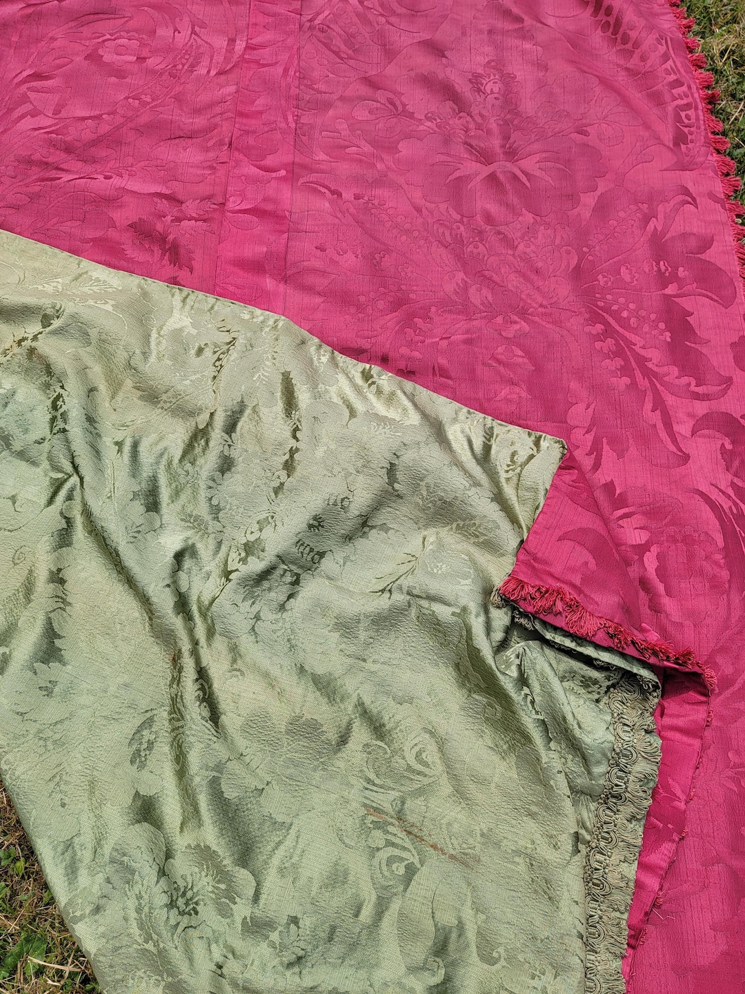 Antique French Brocade Damask SILK Portiere Drapery Panel, Green and ...