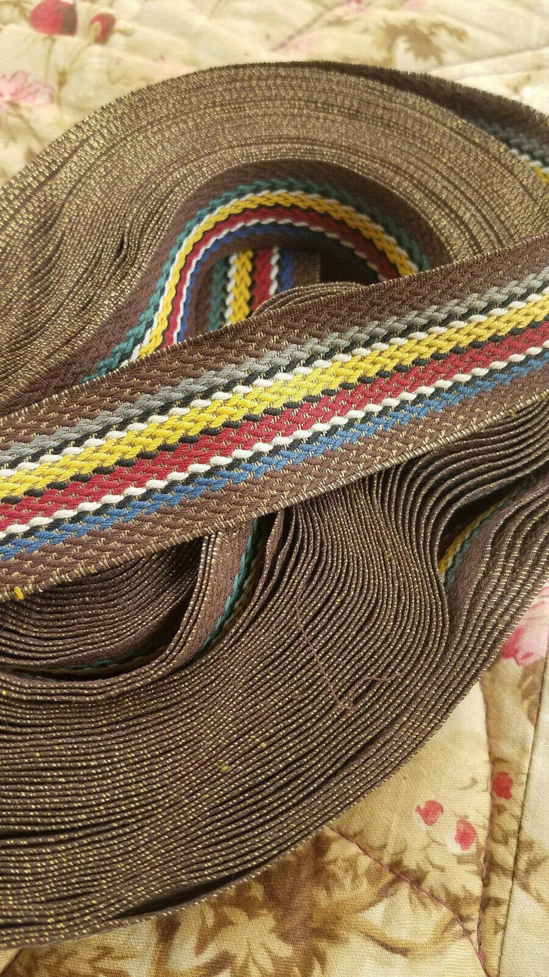 Antique Vtg French Gold Lame Woven Trim Webbing~1 7/16" Wide~blue Red ...