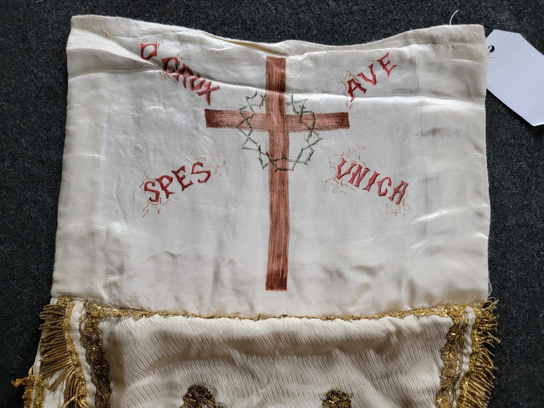 Antique French Religious Cloth: Painted Silk Cross With Gold Lamé ...