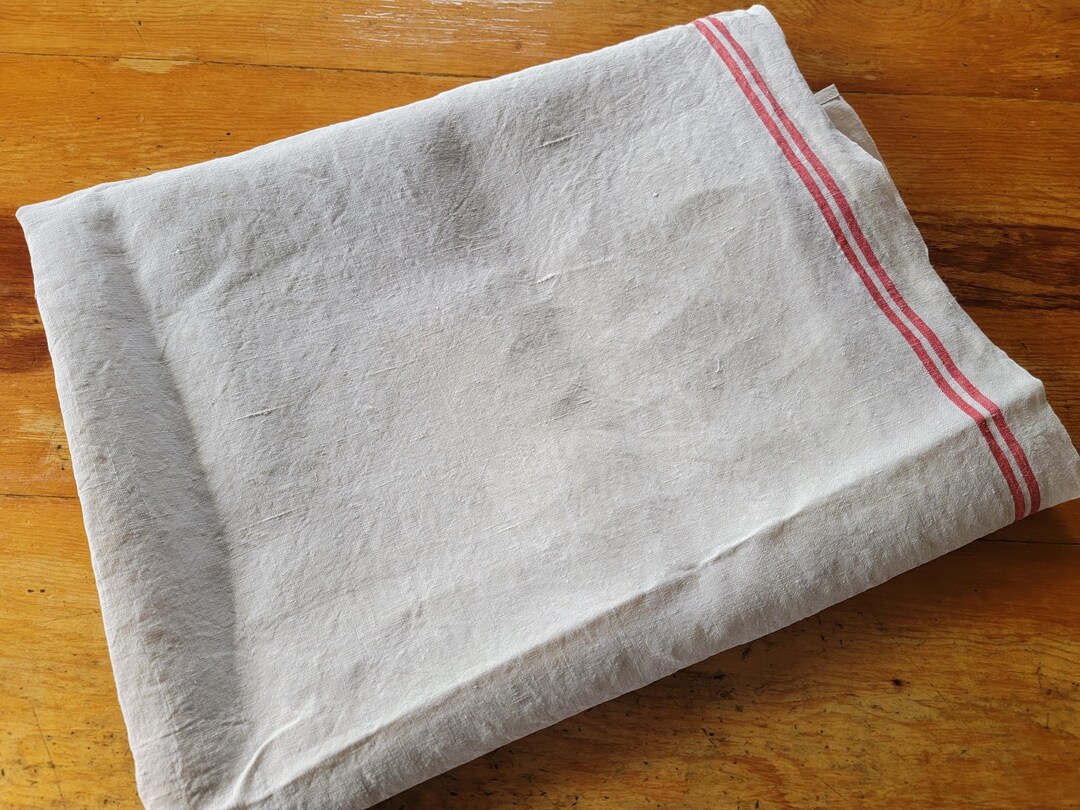 Vintage French Linen Ticking Toweling Fabric 3 Yards Ecru With Red ...