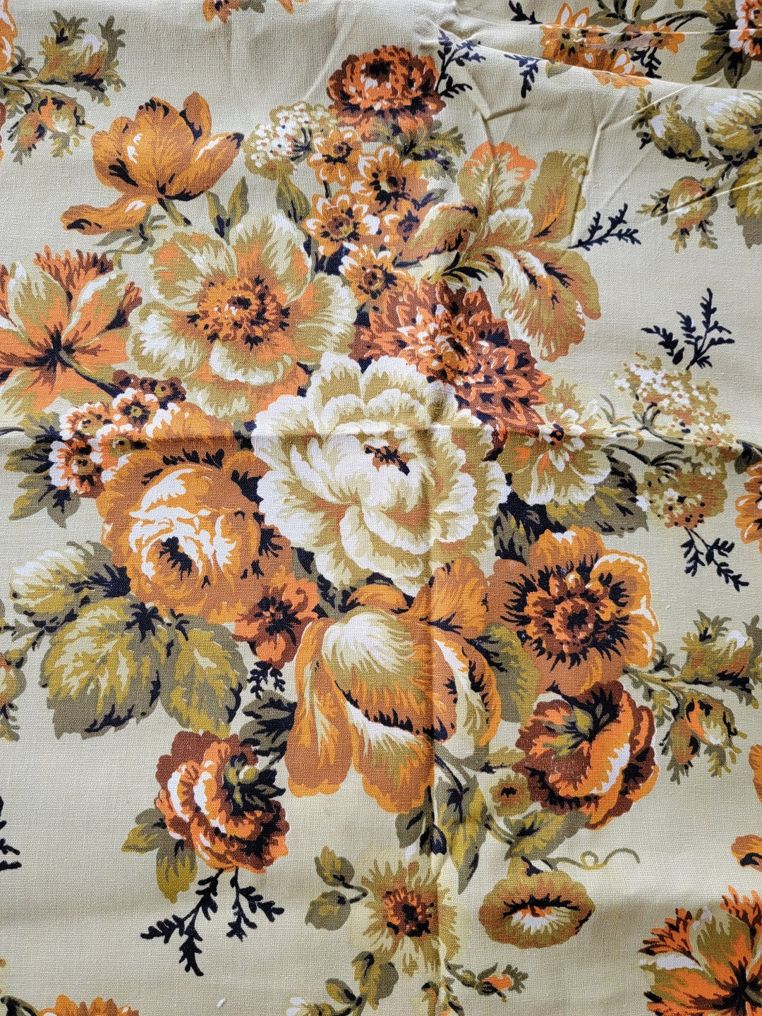 Vintage Large Floral Print Fabric, Floral Bouquet Cotton Print Drapery ...