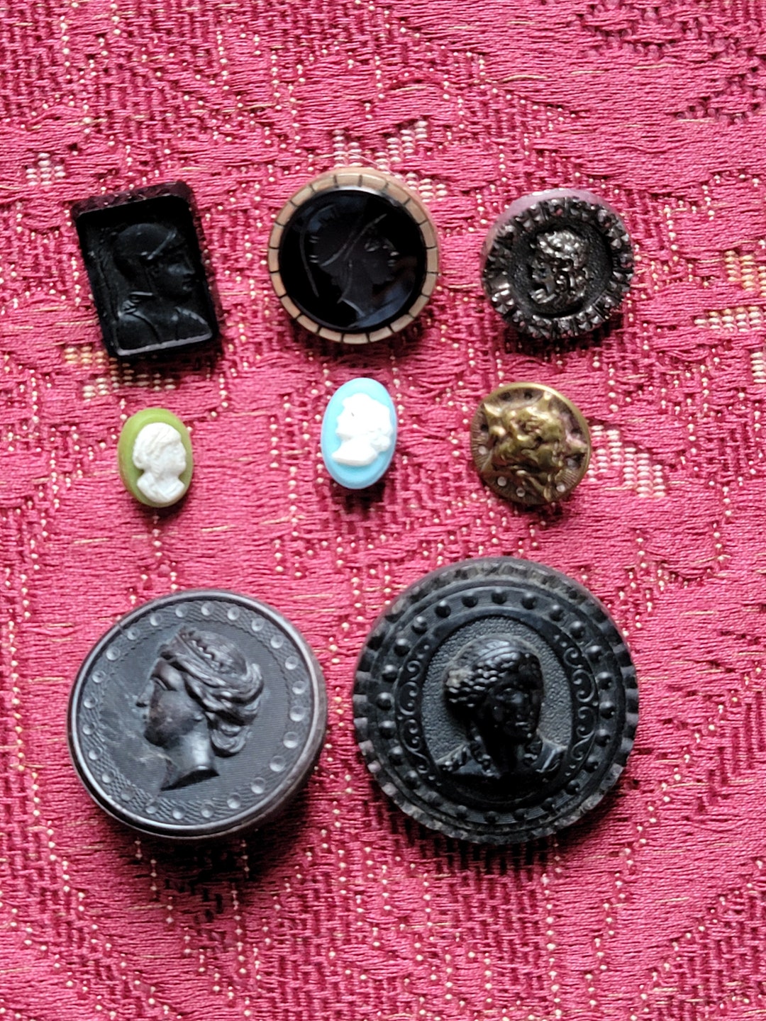 Antique Cameo Picture Buttons ~ Metal Rubber Black Glass Ladies Roman ...