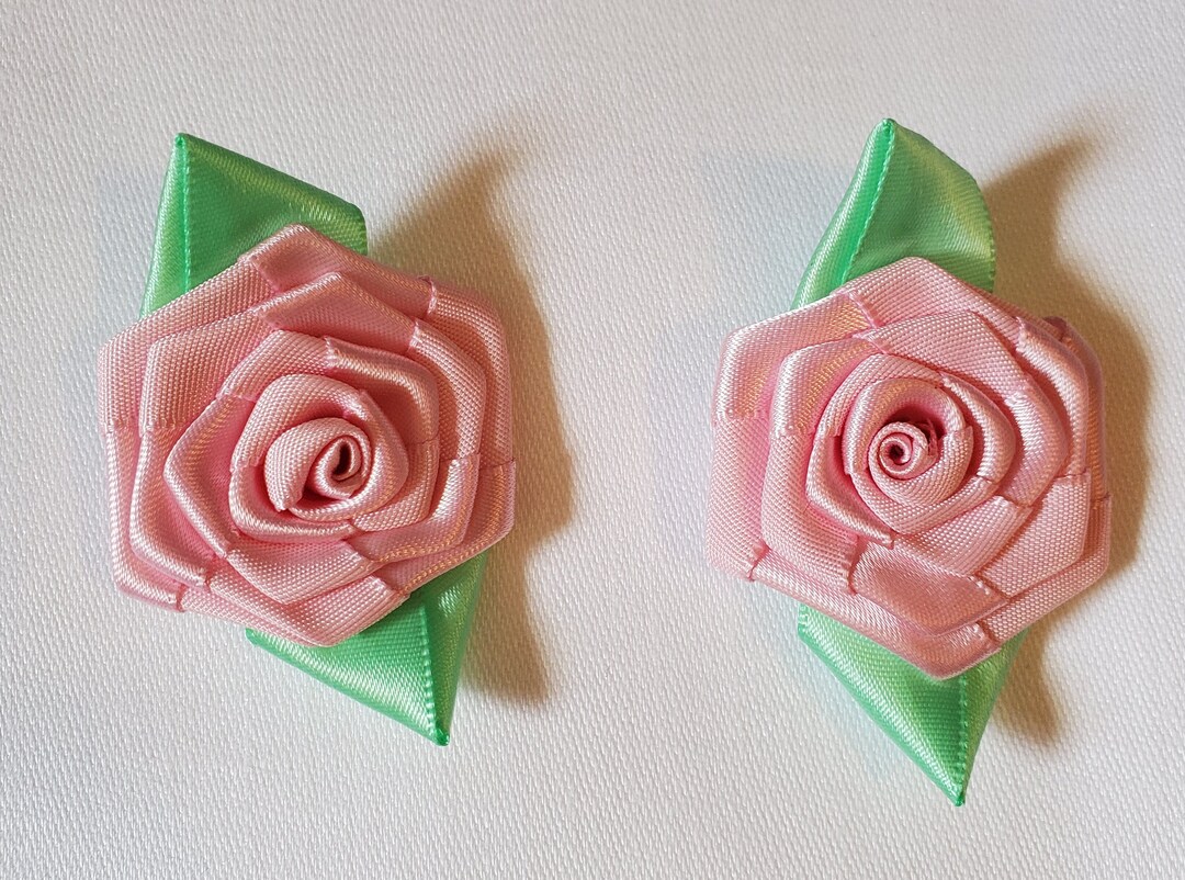 Set of 2 Satin Ribbon Rosette Flower Ribbonwork Pink Light Dark Rose 2. ...