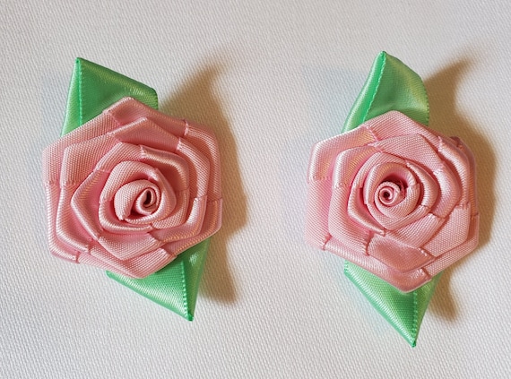 Set of 2 Satin Ribbon Rosette Flower Ribbonwork Pink Light | Etsy