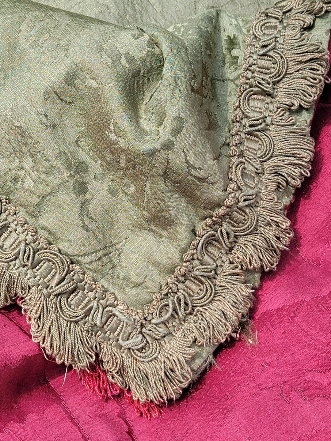 Antique French Brocade Damask SILK Portiere Drapery Panel, Green and ...