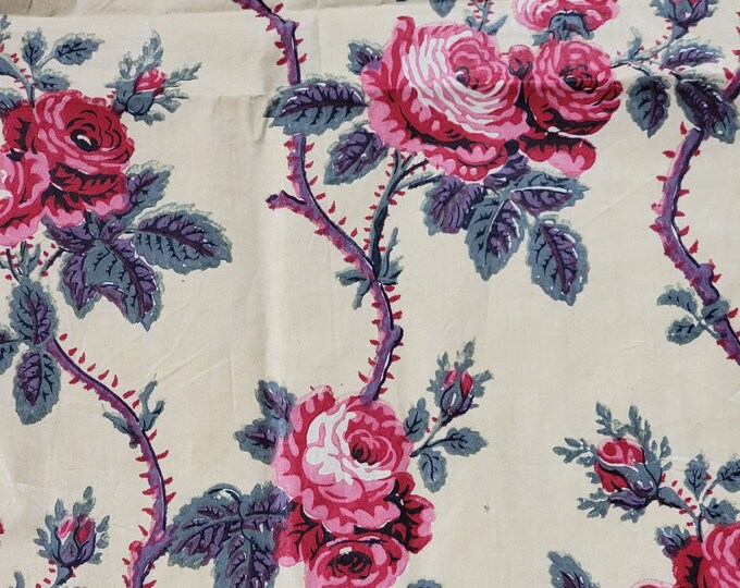 Antique French Chintz Fabric - Roses on a Thorny Vine - Yellow With ...