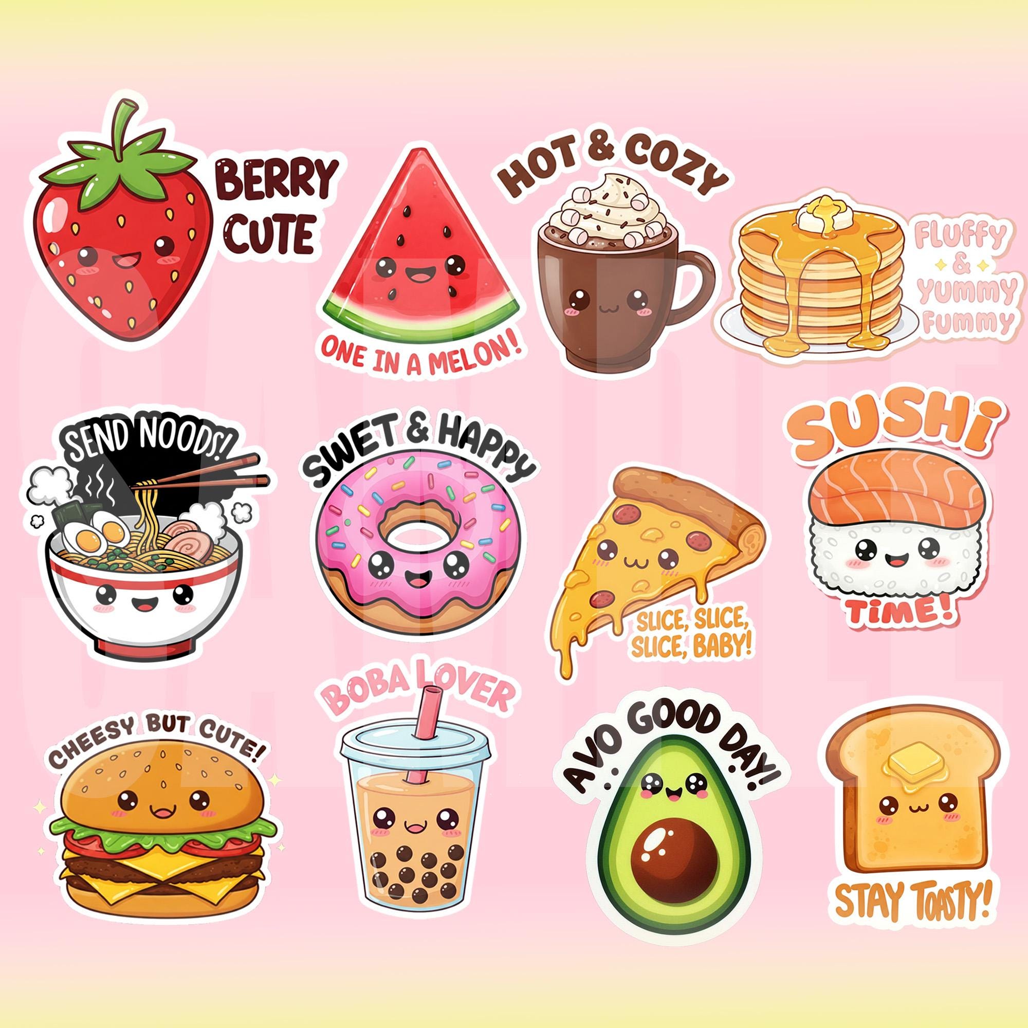 Kawaii Food Stickers Set | Cute & Funny Snack Stickers PNG | Digital ...