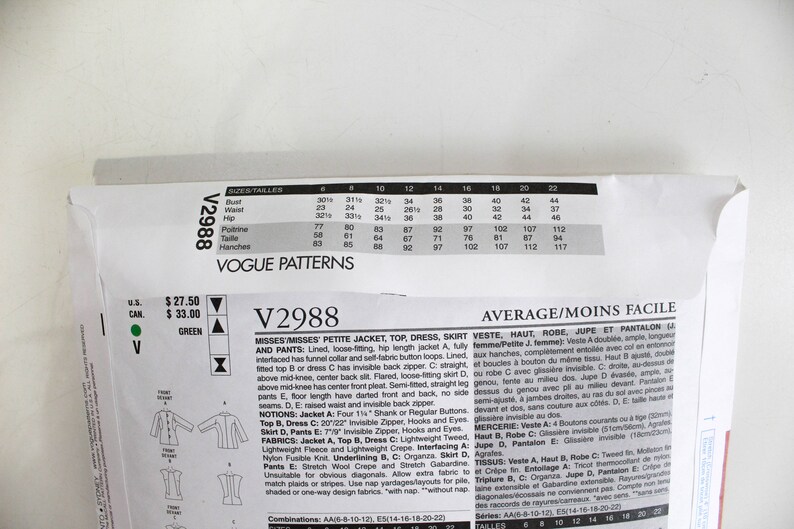 Vogue Wardrobe Sewing Pattern 2988 Women's Jacket, Top, Dress, Skirt ...