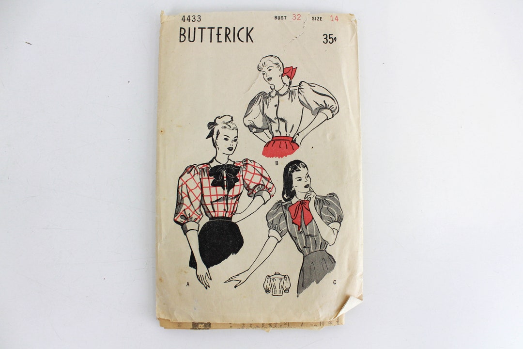 1940s Blouse Sewing Pattern Butterick 4433, Vintage Womens Pattern ...