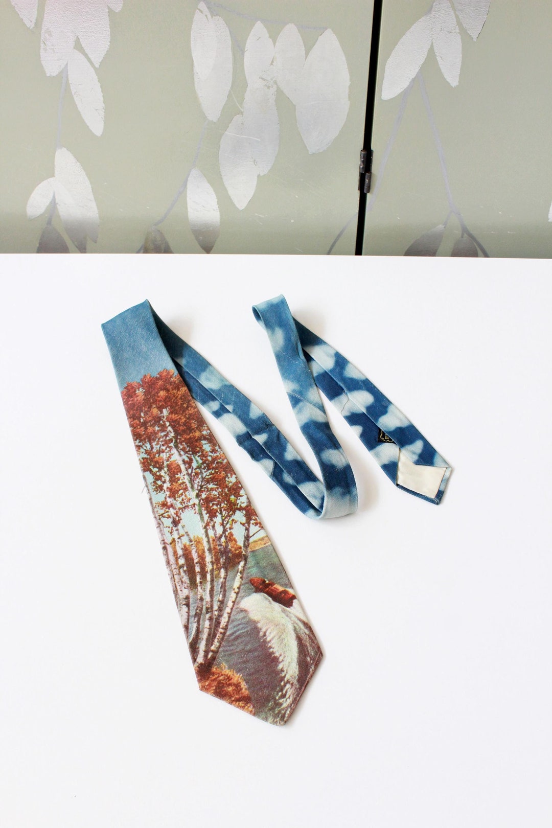 Vintage 1950s Rayon Photo Tie With Speed Boat and Autumn Trees, Mid ...