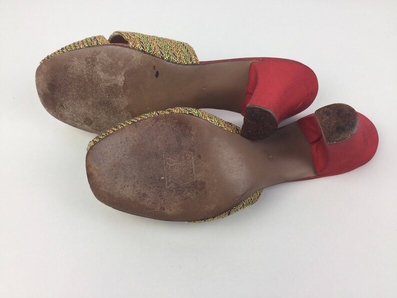 1930s Red & Gold Peep Toe High Heel Shoes, 3 Inch Heels, Vintage Size 4 ...