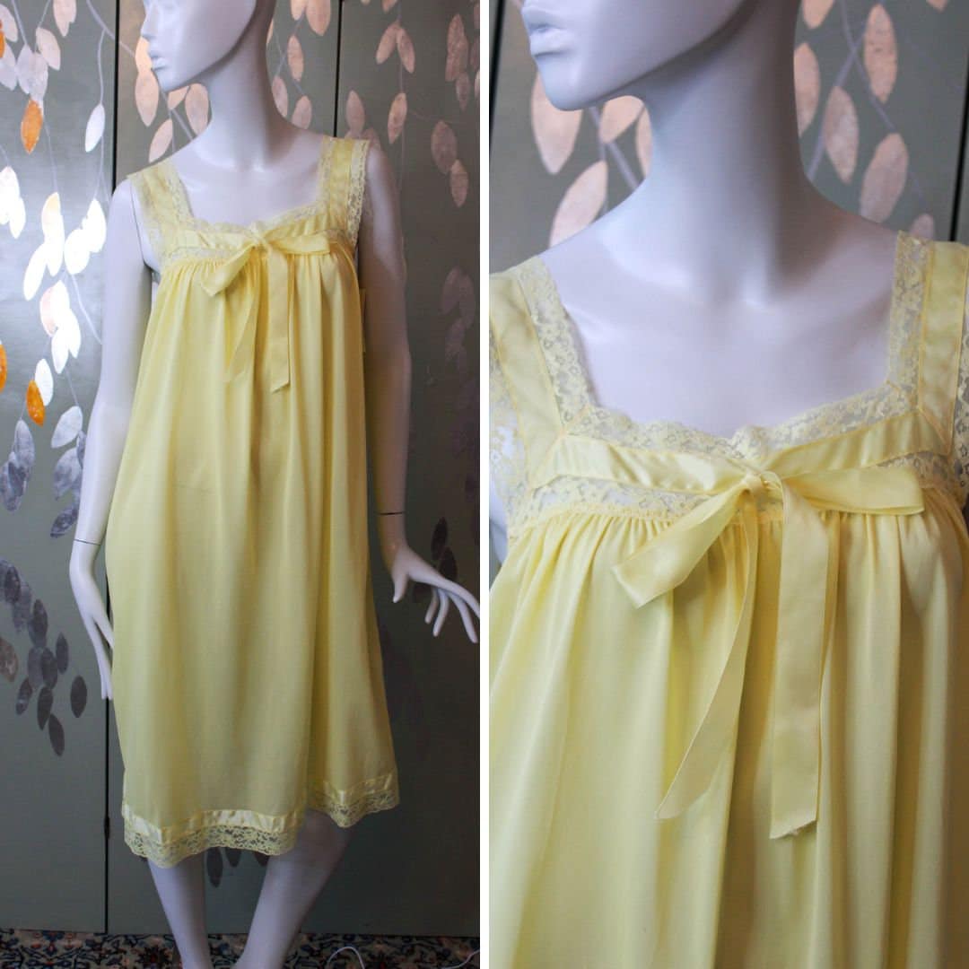1960s Lemon Yellow Night Gown With Bow, Medium/large, Coquette ...