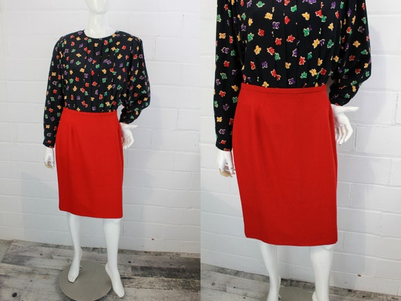 1980s Red Skirt, Vintage Minimalist Ruby Red Pencil S… - Gem