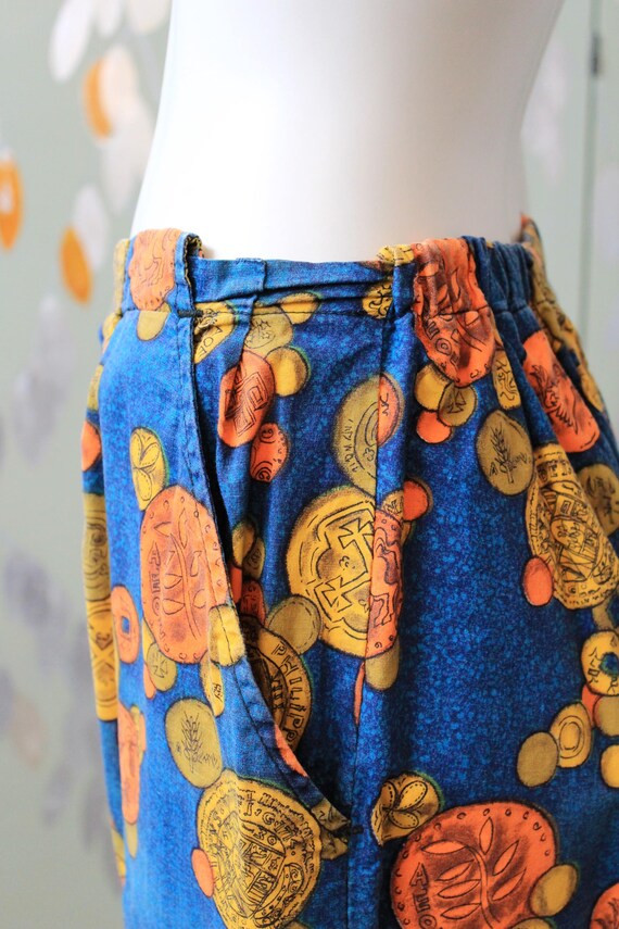 Vintage 1960s Blue and Gold Coin Novelty Print Ankle … - Gem