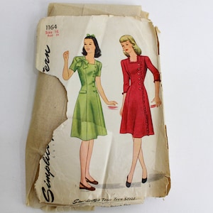 1940s Dress Sewing Pattern Simplicity 1164, Bust 34, Square Neckline ...