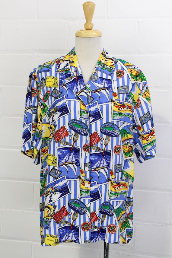 1990s Miami Themed Shirt, 90s Vintage Button Up Colla… - Gem