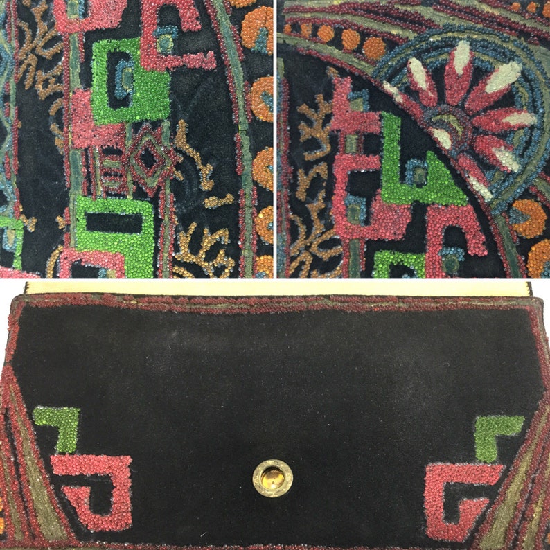 Vintage 20's Beaded Suede Pochette Clutch Purse Mirror and | Etsy
