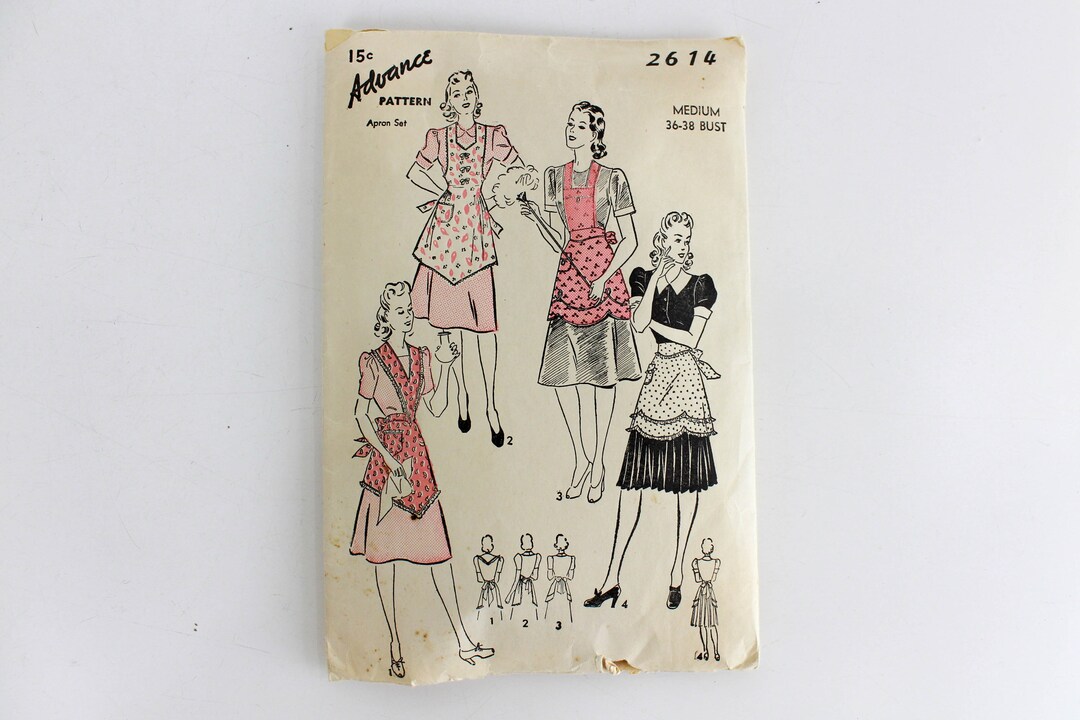 1940s Apron Set Sewing Pattern Advance 2614, Vintage 40s Womens Pattern ...