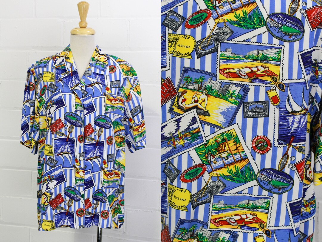 1990s Miami Themed Shirt 90s Vintage Button up Collared - Etsy