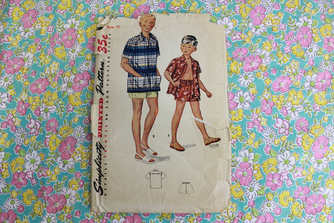 1940s/50s Boys Swim Shorts and Beach Shirt Sewing Pattern Simplicity ...