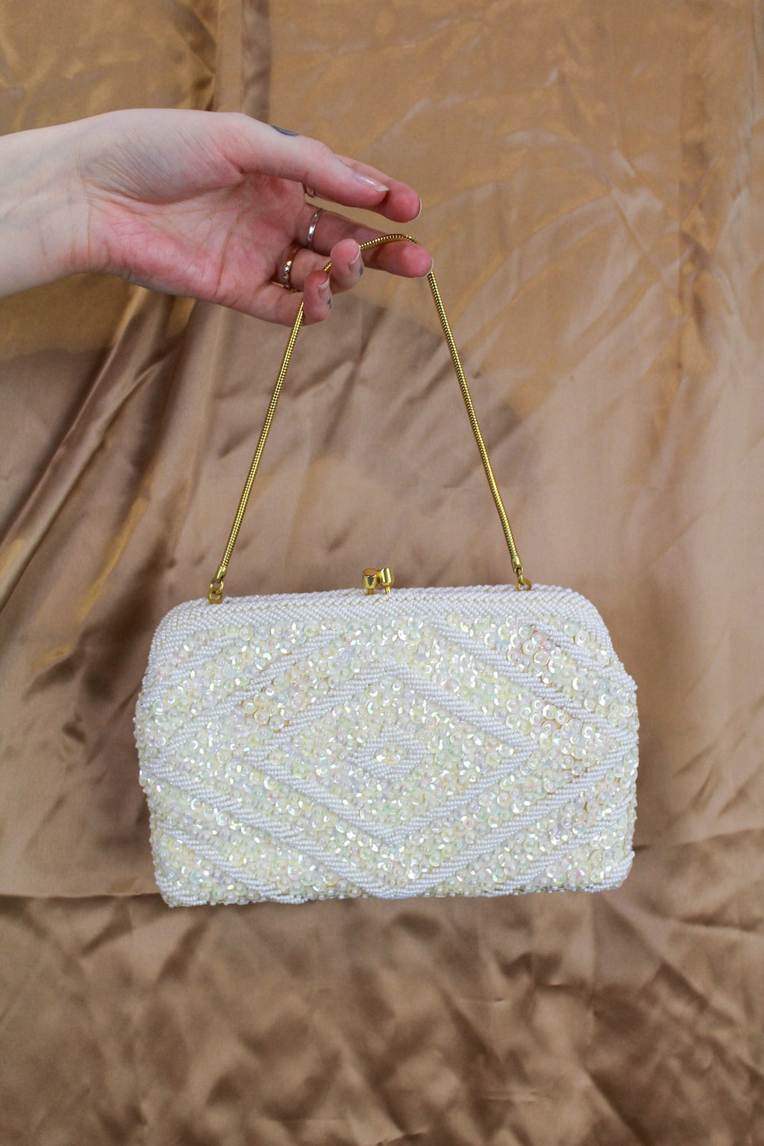 1950s Goldco White Sequinned Beaded Purse With Gold Toned Handle - Etsy