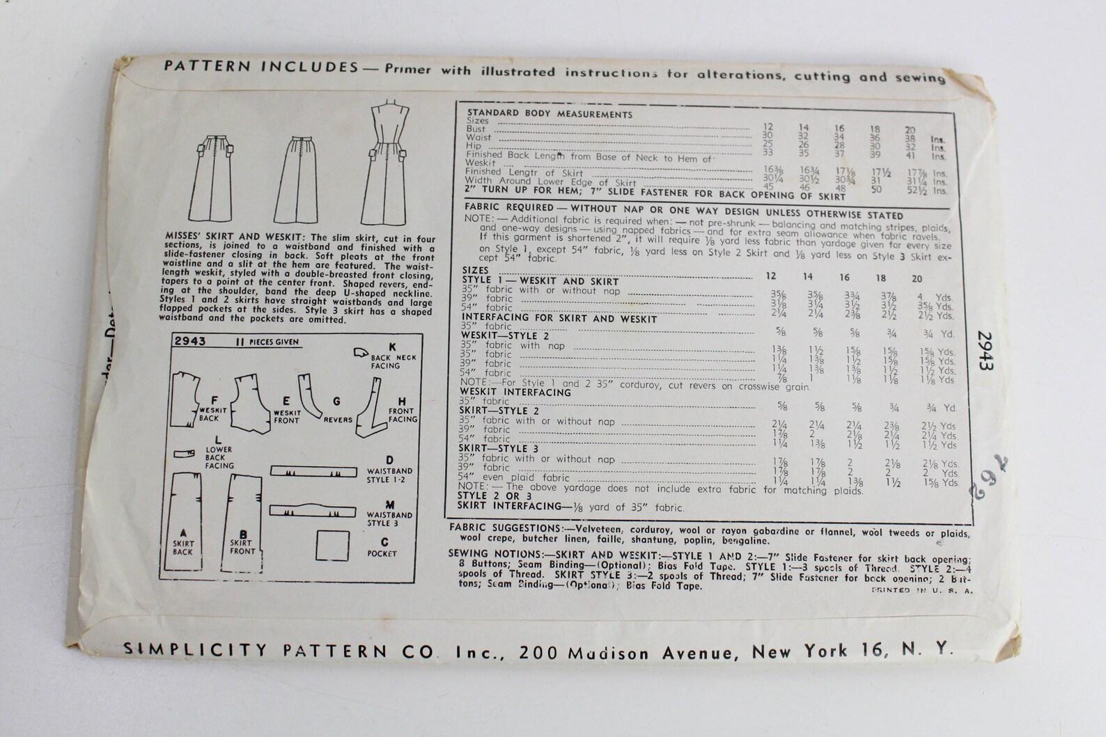 1940s Skirt and Weskit Sewing Pattern Simplicity 2943 Waist - Etsy